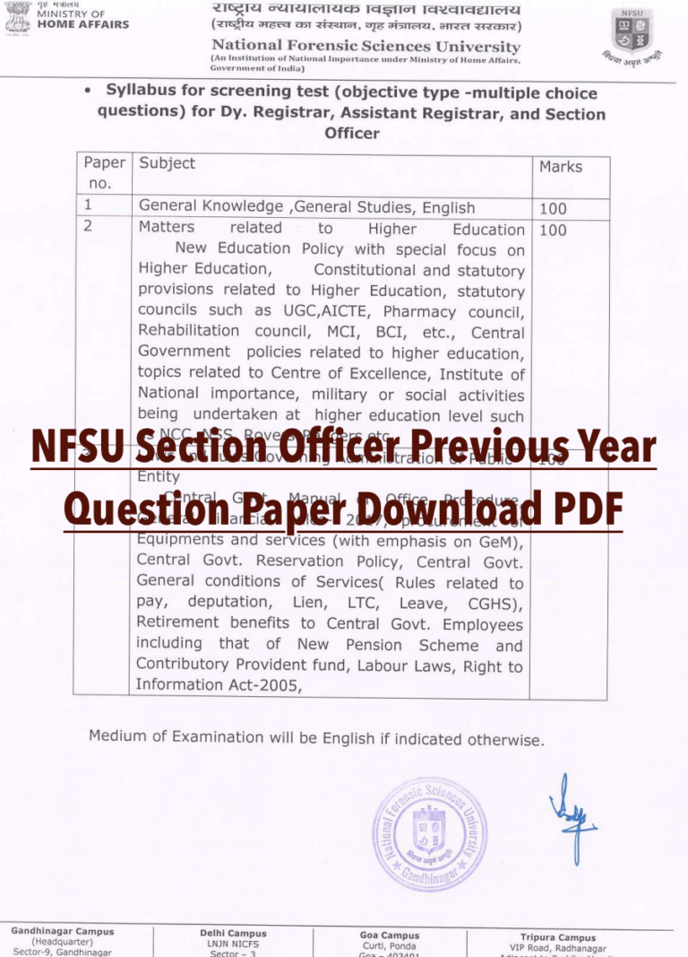 NFSU Section Officer Previous Year Question Paper Download PDF